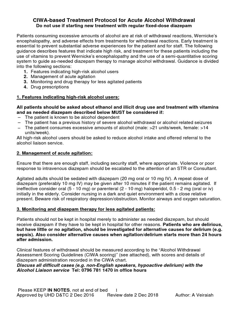 Alcohol Withdrawal CIWA Algorithm Dec 2016 | PDF | Drug Withdrawal ...