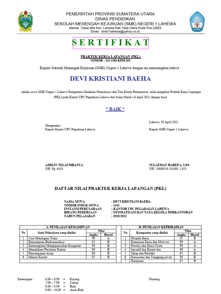 Sertifikat PKL SMK | PDF