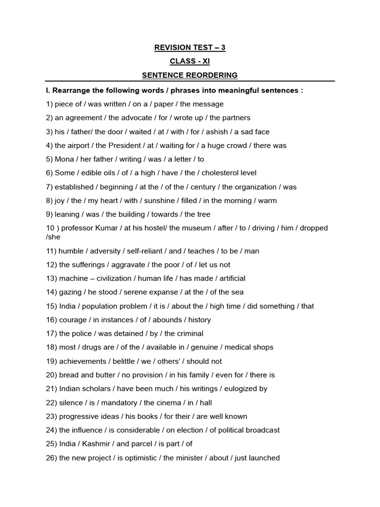 Class 11 Sentence Reordering Exercises | PDF