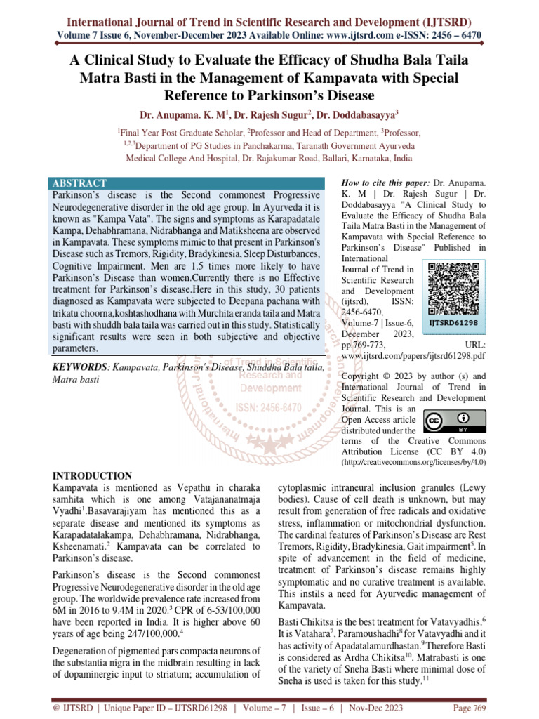 A Clinical Study To Evaluate The Efficacy of Shudha Bala Taila Matra ...