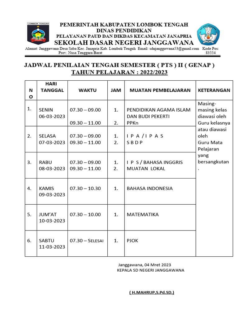 Jadwal PTS, Lembar Jawaban Pas | PDF