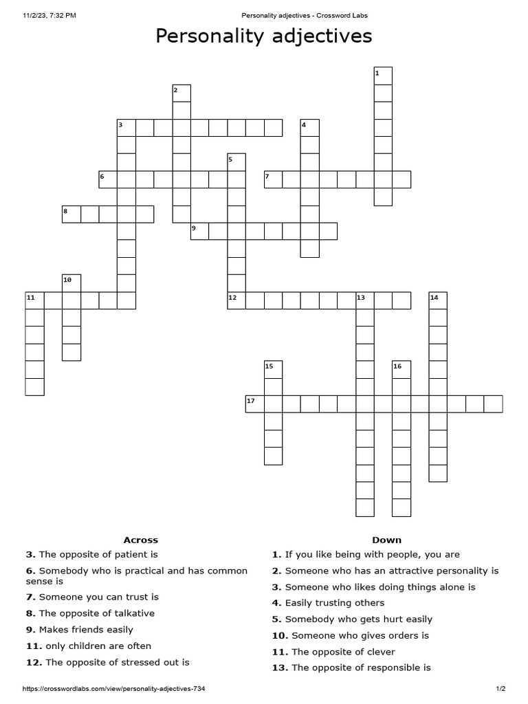 Personality Adjectives - Crossword Labs | PDF