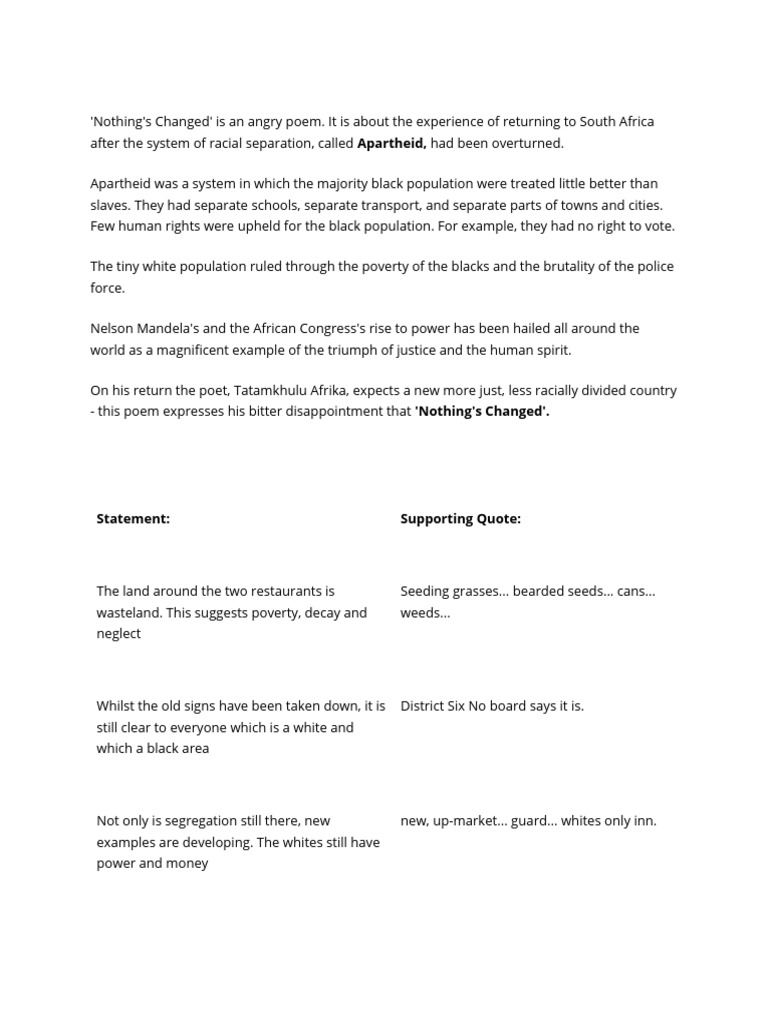 Nothing S Changed Analysis | PDF