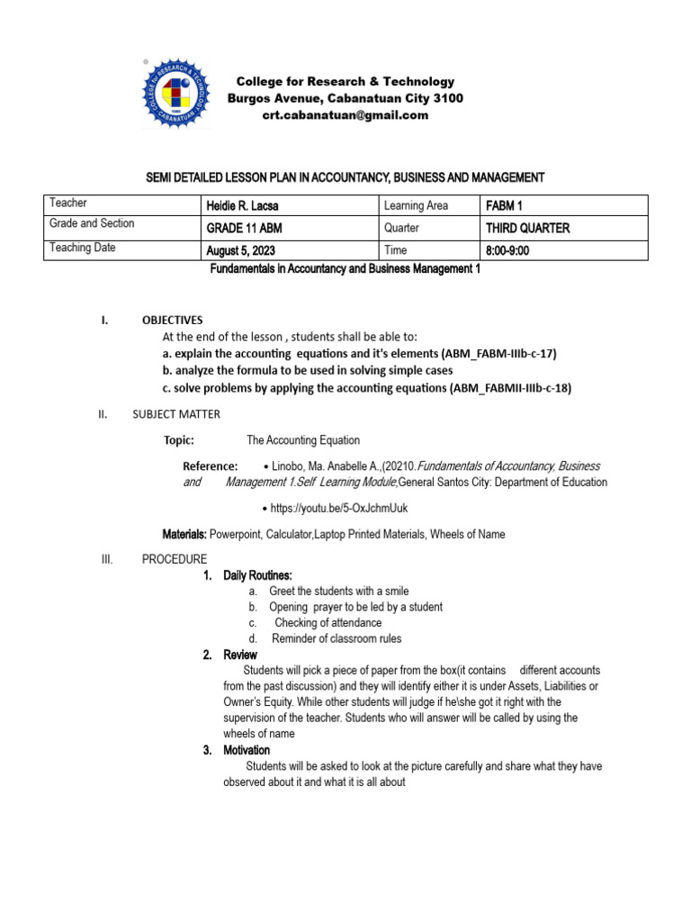 Accounting Equation Lesson Plan for Grade 11 | PDF | Equity (Finance ...