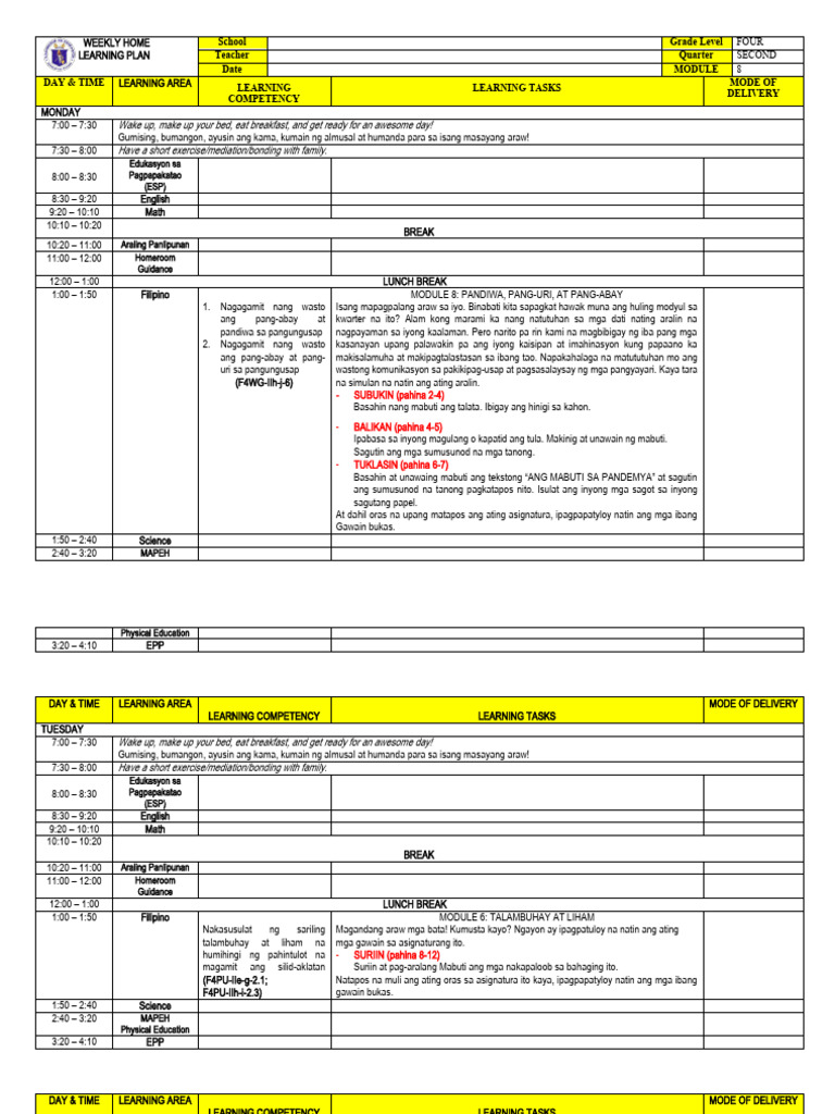 WEEKLY HOME - Filipino 4 - MODULE 8 | PDF