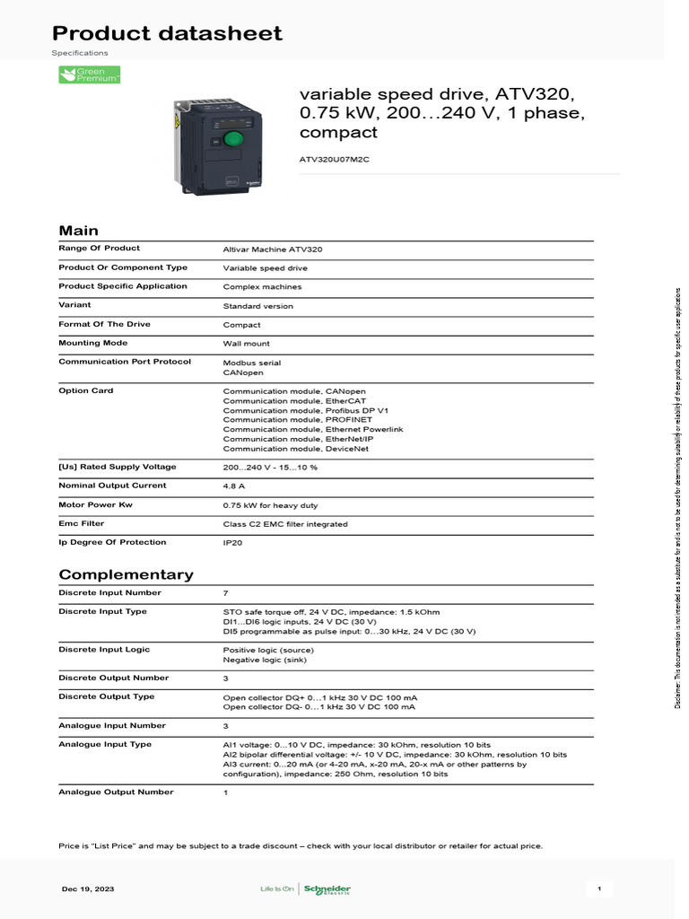 ATV320U07M2C Variable Speed Drive Specs | PDF | Relay | Electric Motor
