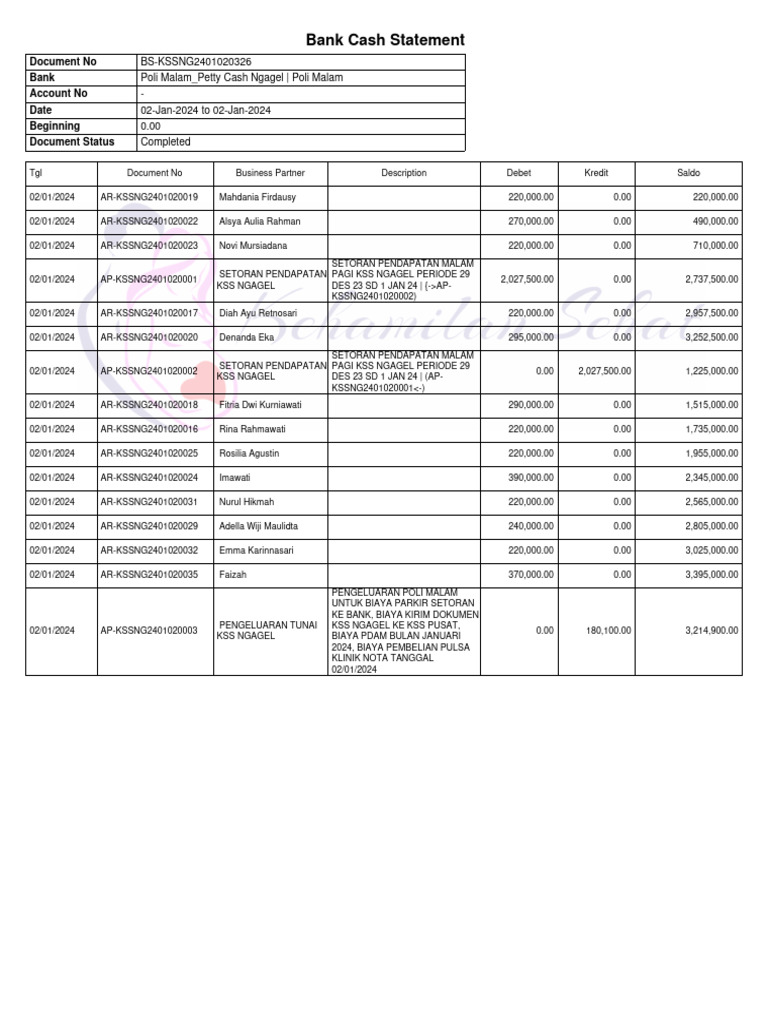 Form Bank - Cash Statement CASH POLI MLM 020124 | PDF