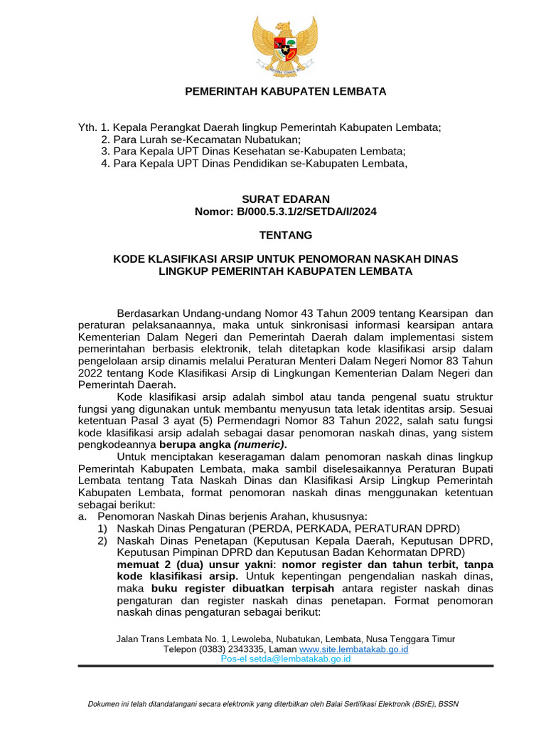 Surat Edaran Kode Klasifikasi Naskah Dinas | PDF