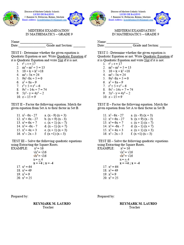 Grade 9 Math Midterm Exam Guide | PDF | Mathematics | Algebra
