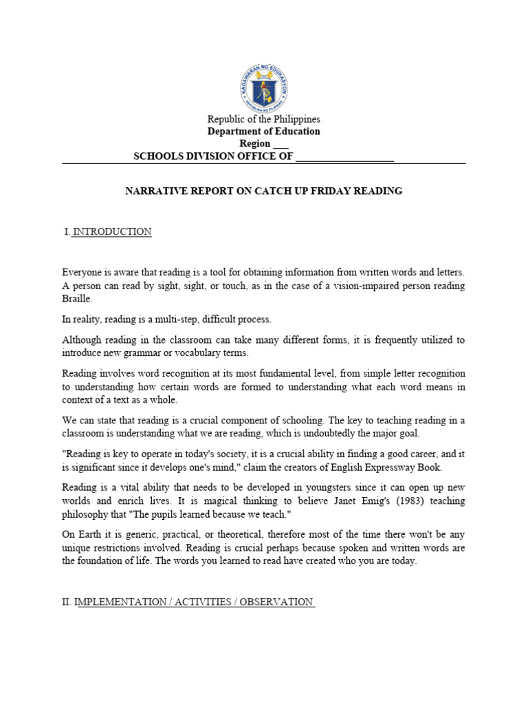 Sample Narrative Report On Catch Up Friday Reading | PDF | Teachers ...