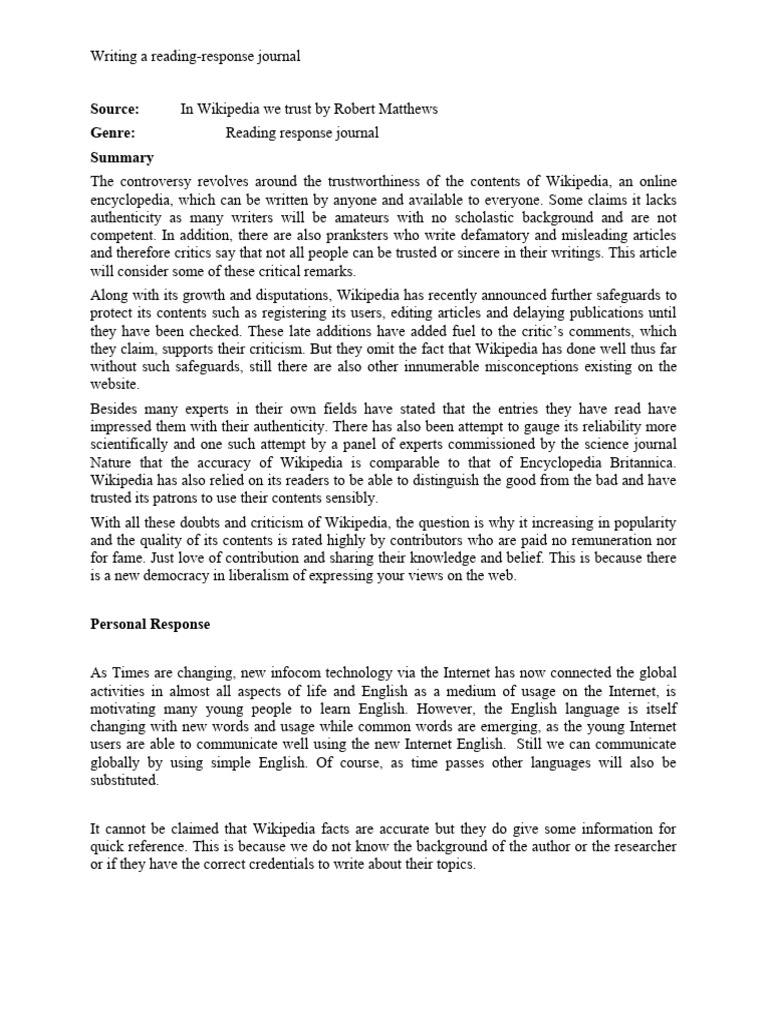 Reading Response Journal | PDF | Wikipedia | Internet