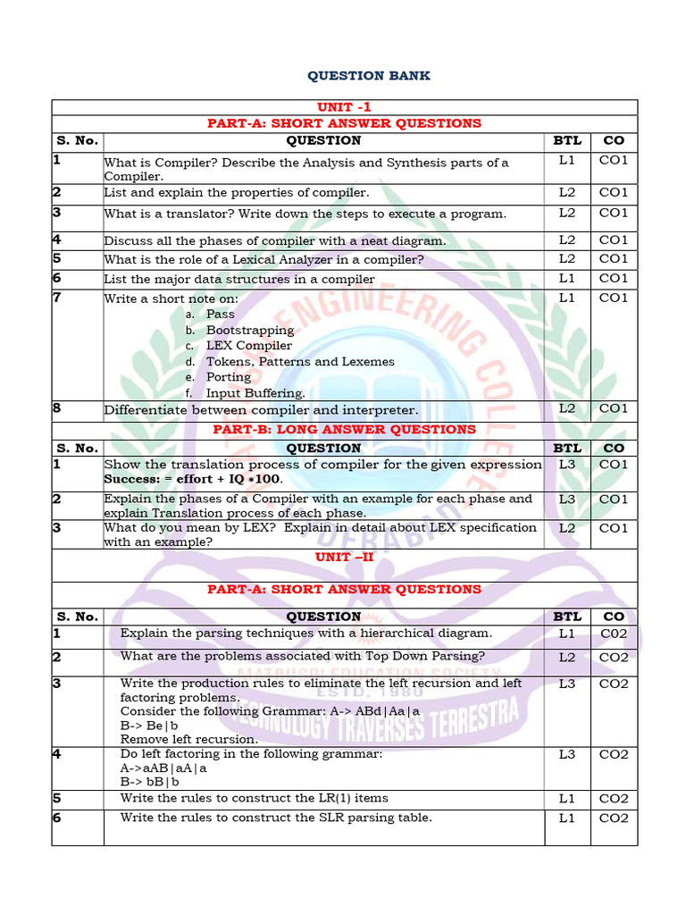 CD Unit-I, II Question Bank | PDF | Parsing | Computer Science
