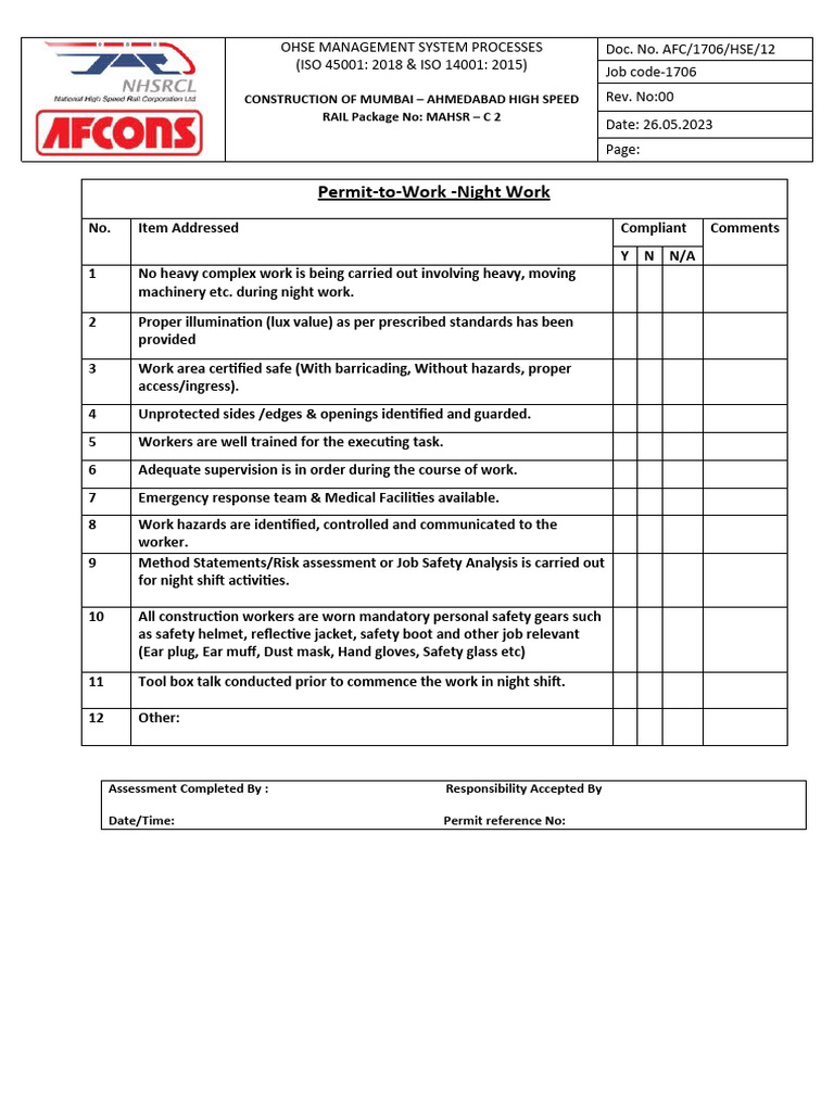 Permit-to-Work - Night Work | PDF