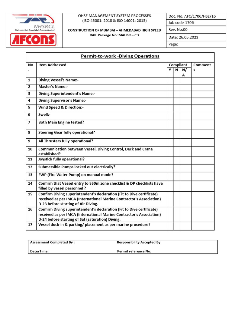 Permit-To-Work - Diving Operations | PDF