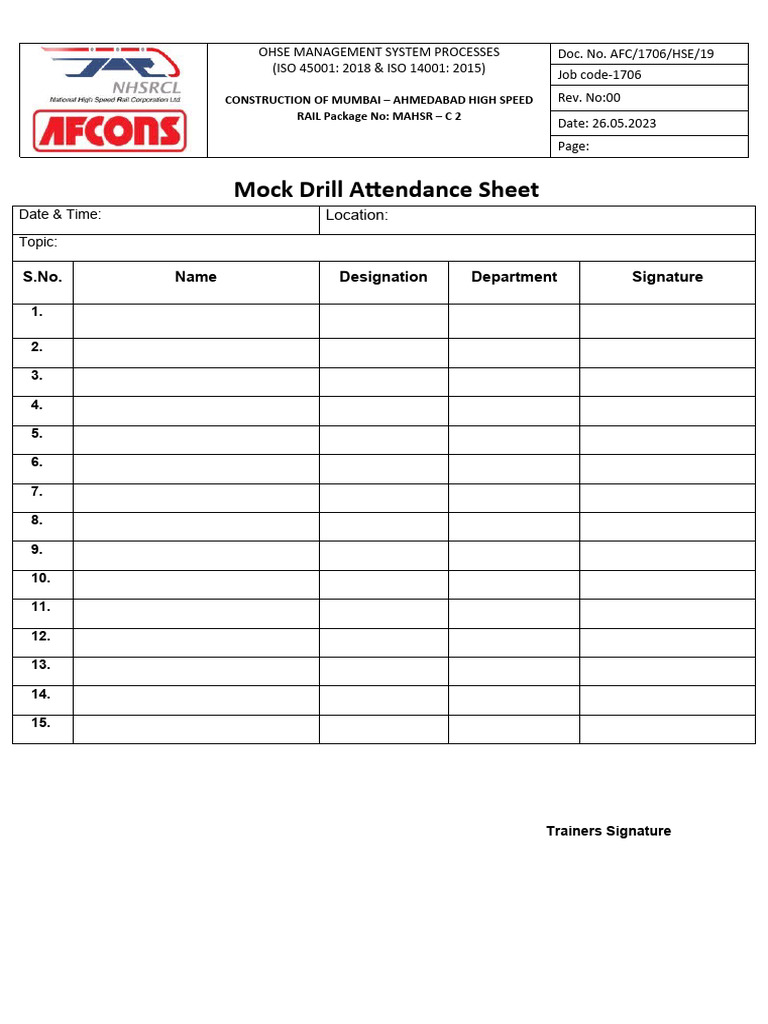 Mock Drill Attendance Sheet | PDF