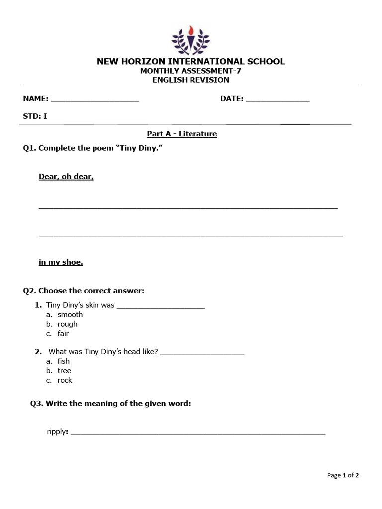 Grade 1 English Revision Paper MA7 1702472602 | PDF