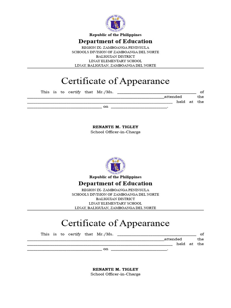 Certificate of Appearance-School | PDF