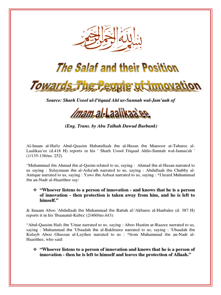 The Salaf Their Position Towards The People of Innovation Imam Al ...