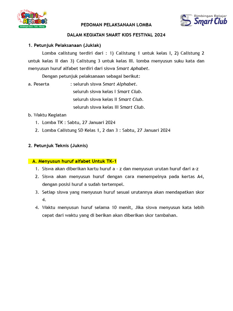 Pedoman Pelaksanaan Lomba Calistung Smart Club 2024 | PDF