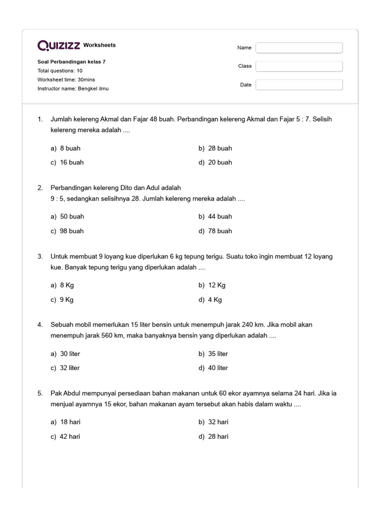 Soal Perbandingan Kelas 7 - Quizizz | PDF