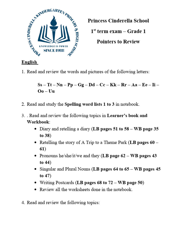 1st TERM EXAM - Pointers To Review GRADE 1 | PDF