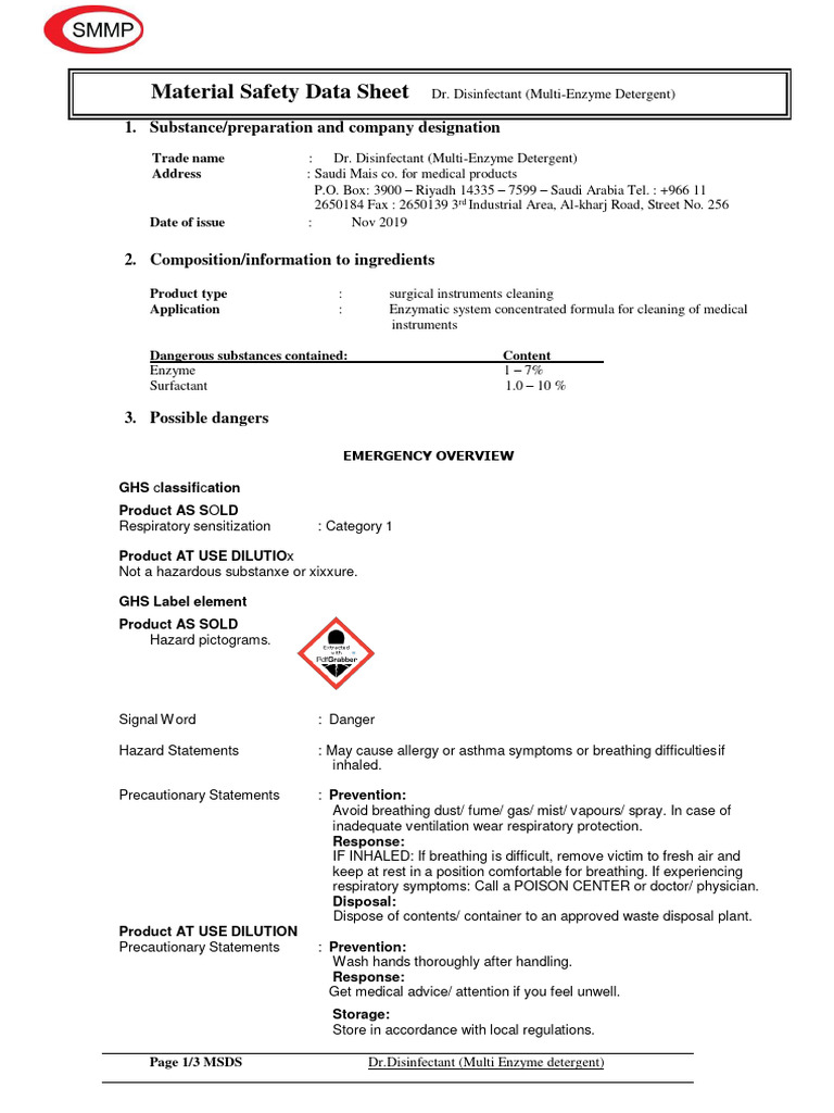 MSDS DR - DR - Disinfectant Multi Enzyme Detergent1 | Download Free PDF ...
