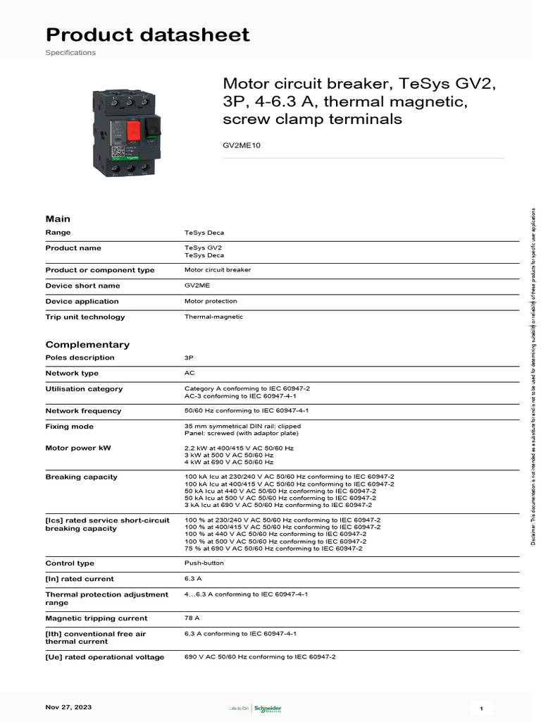 Motor Circuit Breaker Specs | PDF | Electrical Components | Electrical Engineering