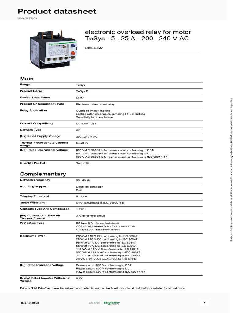 Schneider Electric - TeSys-LR97D - LR97D25M7 | PDF | Alternating ...