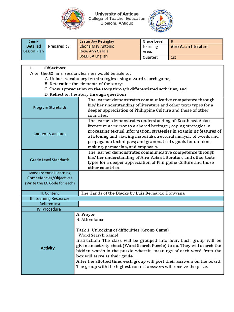 Semi-Detailed Lesson Plan | PDF | Learning | Lesson Plan