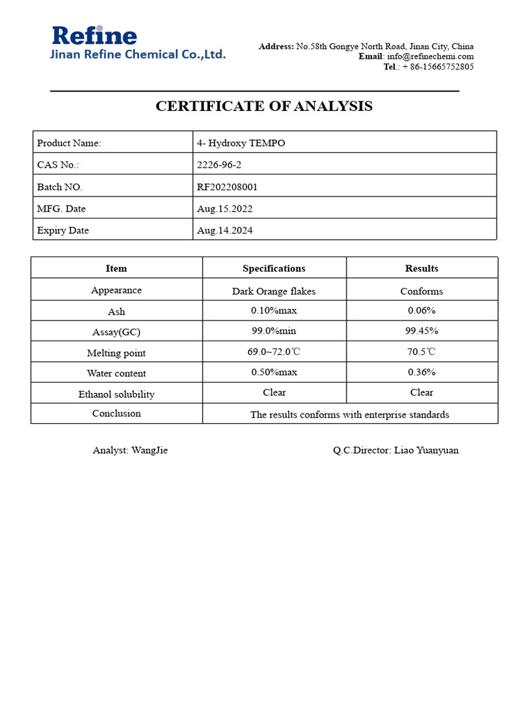 COA of 4 - Hydroxy TEMPO | PDF