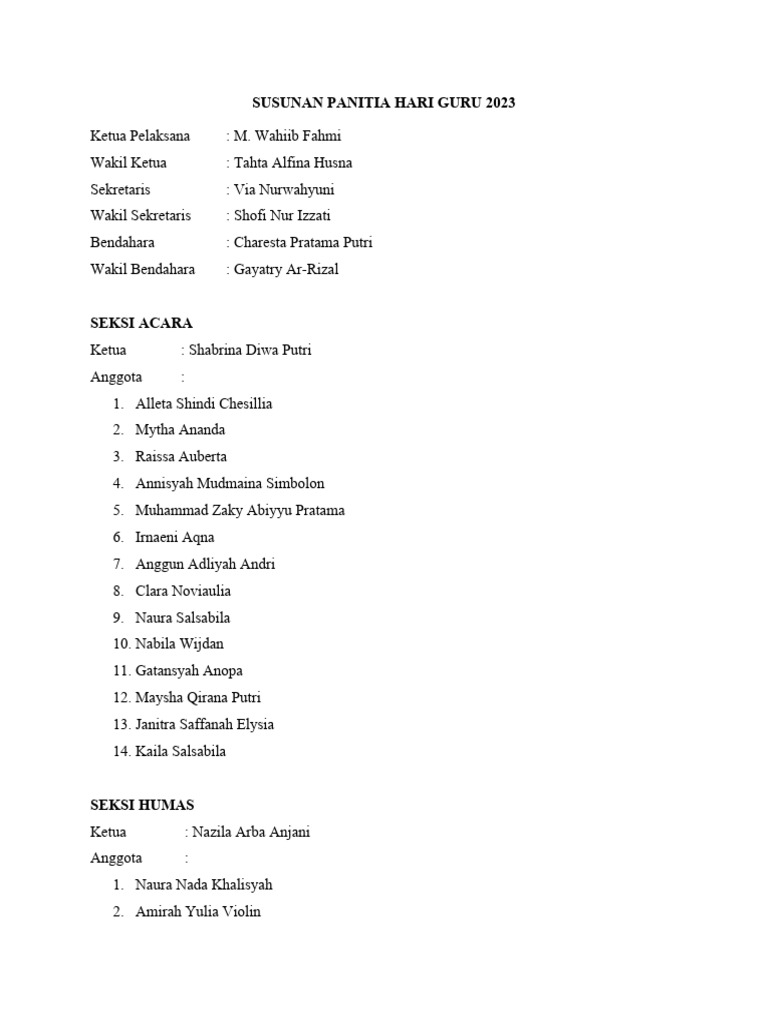 Susunan Panitia Hari Guru 2023 | PDF