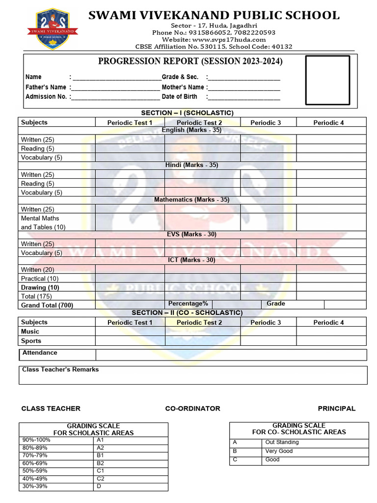CBSE Report Card Format for Grades 1-5 | PDF | Student Assessment And ...
