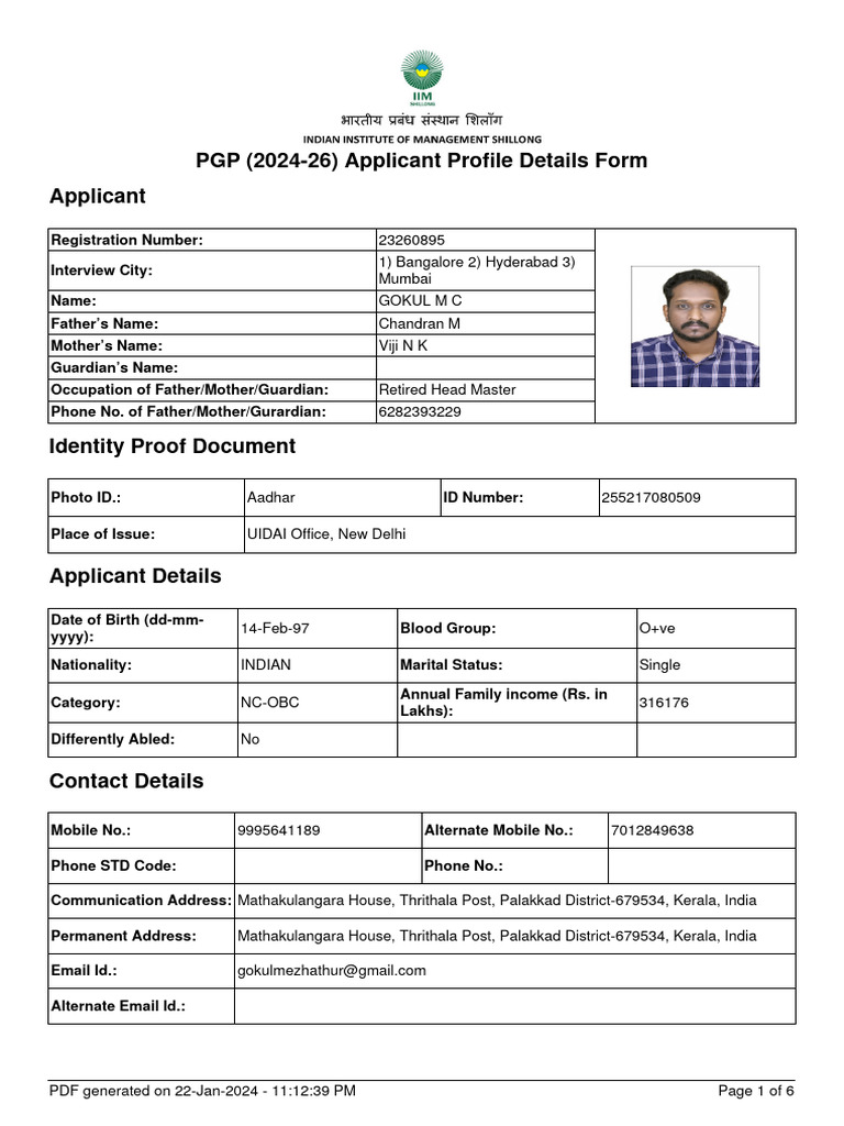 PGP (2024-26) Applicant Profile Details Form Applicant | PDF | Leadership