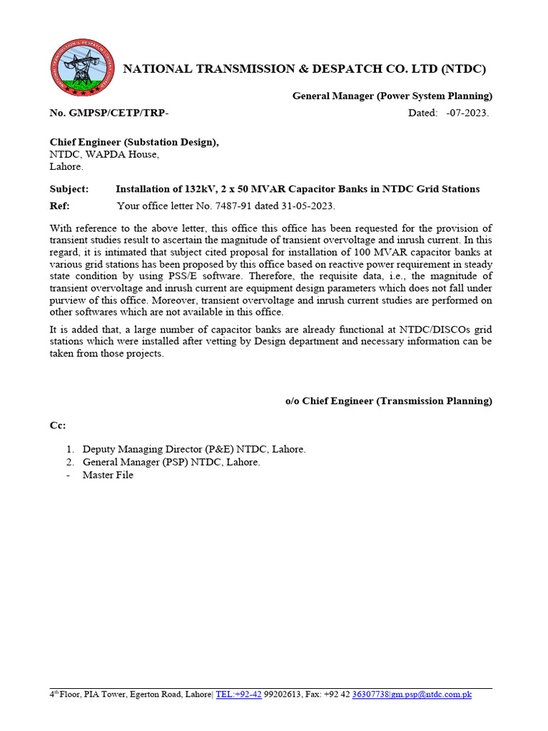 Capacitor Bank Letter 2x50MVAR | PDF