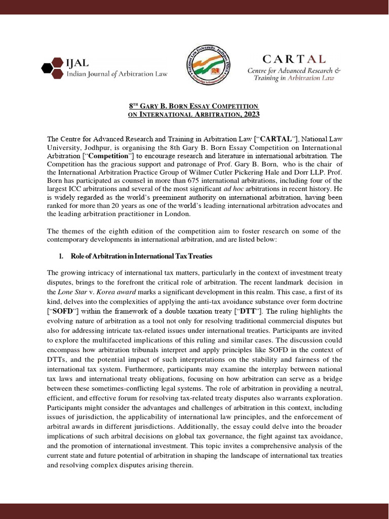 8th Gary Born Essay Competition | PDF | Arbitration | Competition Law