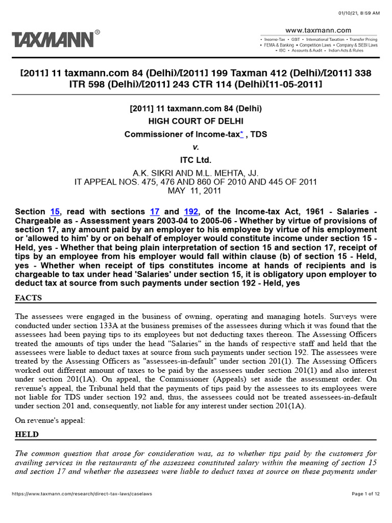 ITC Vs CIT Delhi (HC) | PDF | Gratuity | Salary