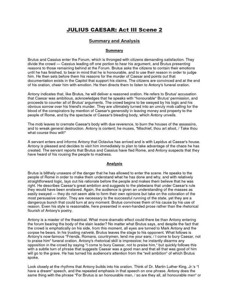 JULIUS CAESAR Act 3 Scene II Summary & Analysis | PDF | Mark Antony ...
