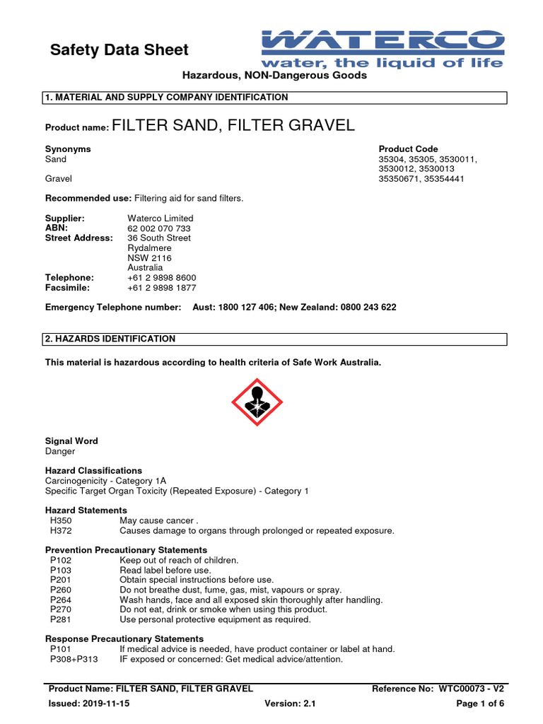 Filter Sand Filter Gravel-Aus SDS | Download Free PDF | Toxicity | Personal Protective Equipment