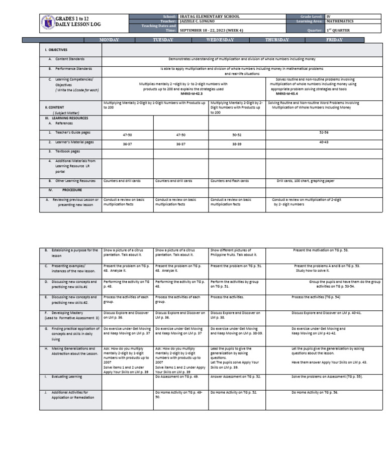 DLL - Mathematics 4 - Q1 - W4 | PDF | Multiplication | Learning