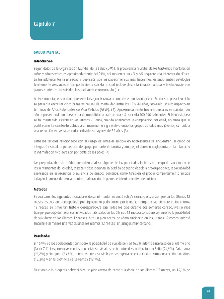 Encuesta Mundial Salud Escolar 2012 - Cap7 - Salud Mental | PDF