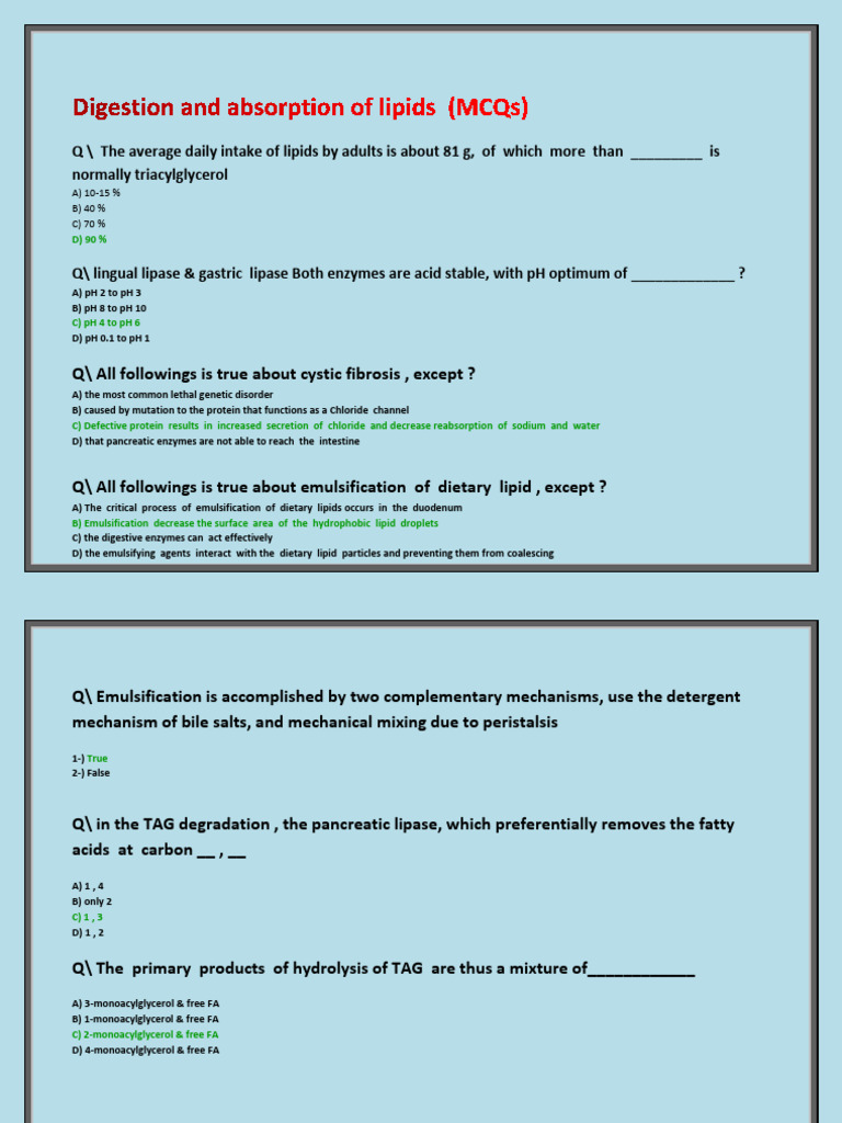 Lipid Digestion and Absorption MCQs | PDF | Digestion | Emulsion