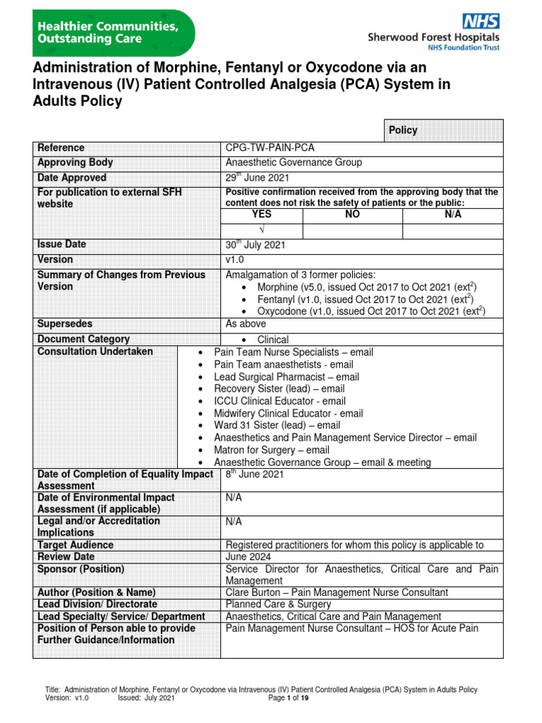 Pca Patient Controlled Analgesia Policy Administration of Morphine ...
