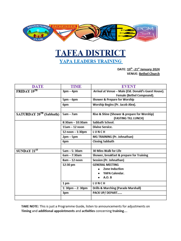 YAPA Leaders Training Schedule 2024 | PDF