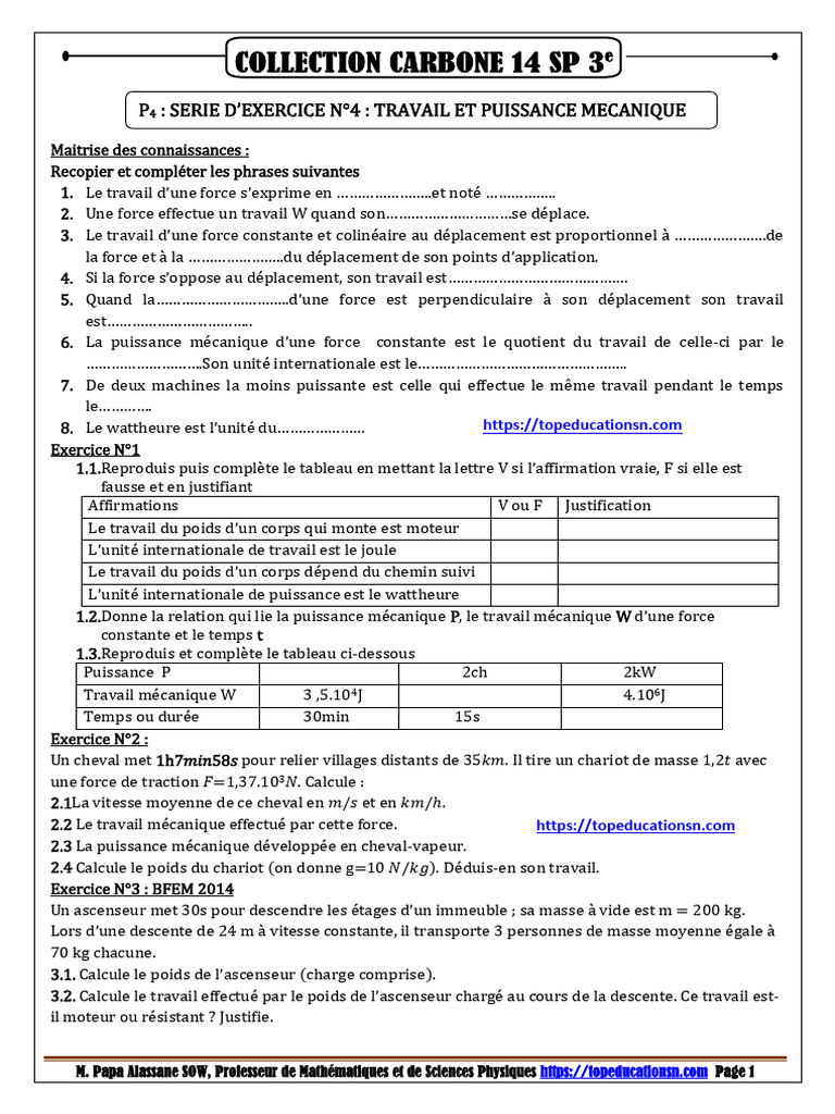 TD N°4 Travail Et Puissance Mecanique | PDF | Puissance (physique) | Poids
