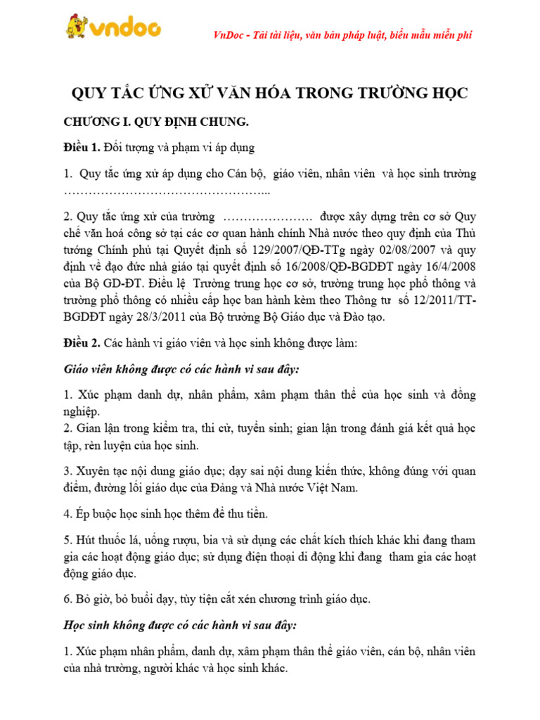 Bo Quy Tac Ung Xu Van Hoa Noi Truong Hoc | PDF
