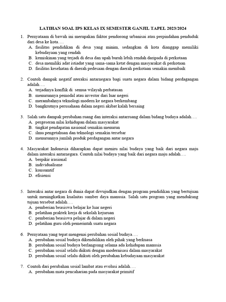 Latihan Soal Ips Kelas Ix Semester Ganjil TH 20232024 | PDF