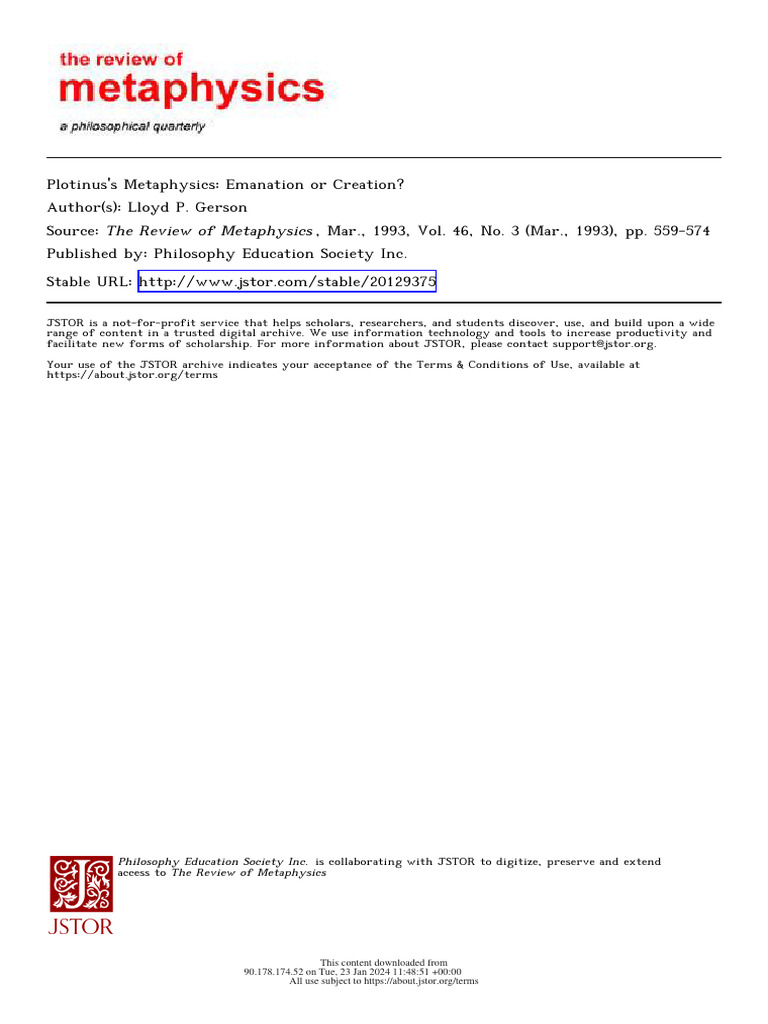 Gerson PlotinussMetaphysicsEmanation 1993 | PDF | Nous | Substance Theory