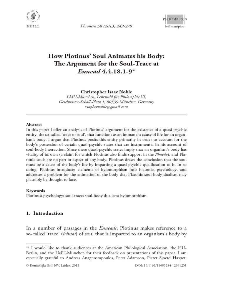 How Plotinus' Soul Animates His Body: The Argument For The Soul-Trace ...