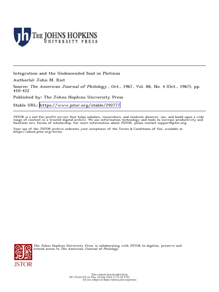 Integration and The Undescended Soul in Plotinus | PDF | Soul | Plato