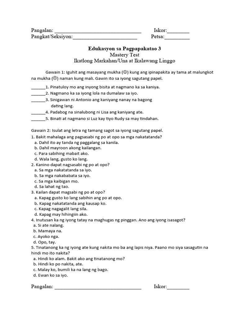 Mastery Test Week 1 and 2 q3 | PDF